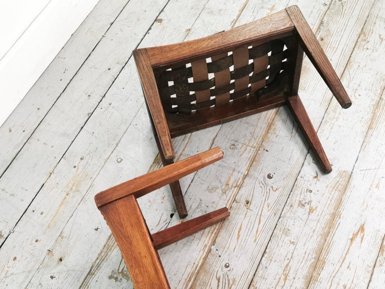 Two Arts and Crafts Arthur Simpson of Kendal Oak and Leather Stools For ...