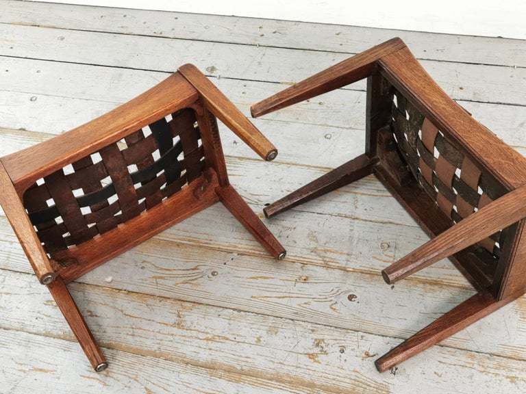 Two Arts and Crafts Arthur Simpson of Kendal Oak and Leather Stools For ...