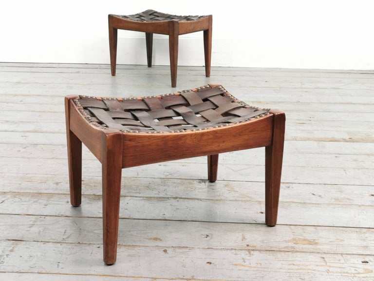 Two Arts and Crafts Arthur Simpson of Kendal Oak and Leather Stools For ...