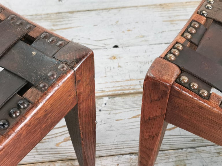 Two Arts and Crafts Arthur Simpson of Kendal Oak and Leather Stools For ...