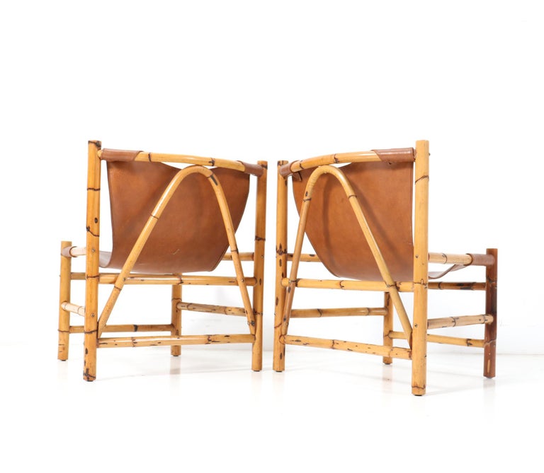 Two Bamboo Mid-Century Modern Lounge Chairs with Leather Upholstery ...