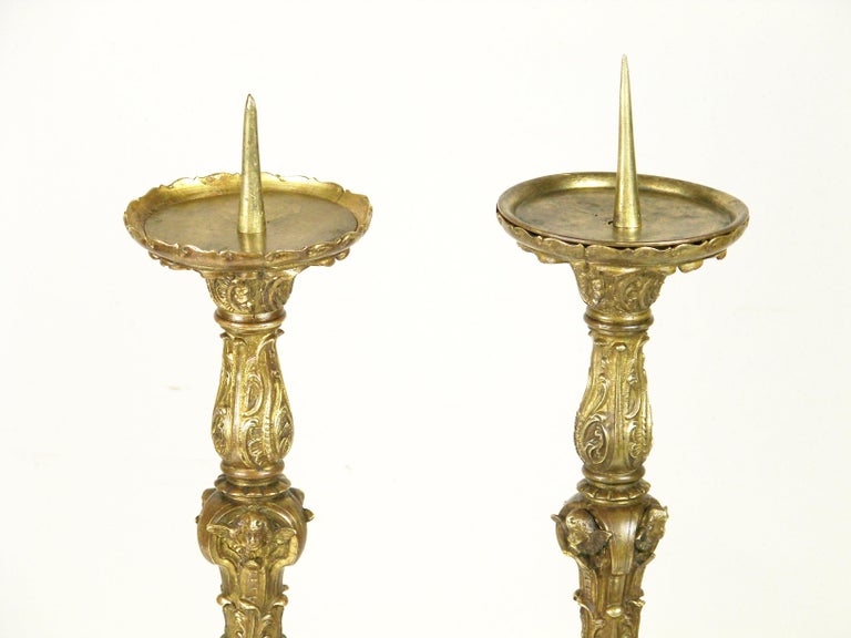 Two Baroque Gilded Brass Candlestick For Sale at 1stDibs