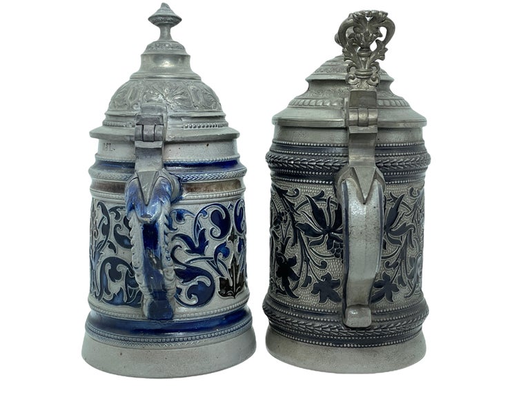 Two Beautiful Antique Germany Lidded Beer Stein Westerwald Salt Glazed ...
