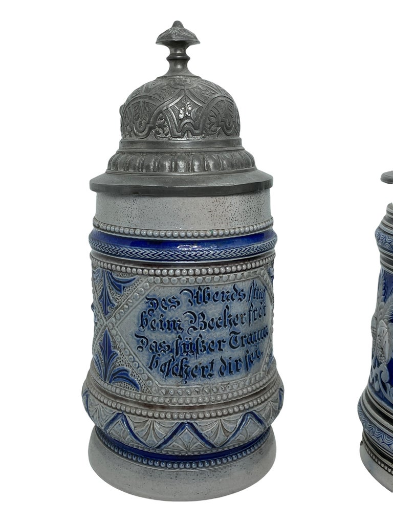 Two Beautiful Antique Germany Lidded Beer Stein Westerwald Salt Glazed ...