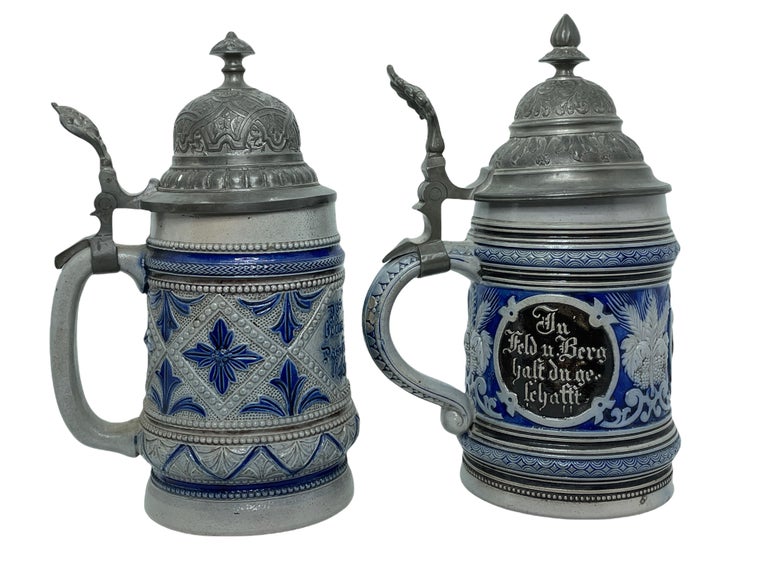 Two Beautiful Antique Germany Lidded Beer Stein Westerwald Salt Glazed ...