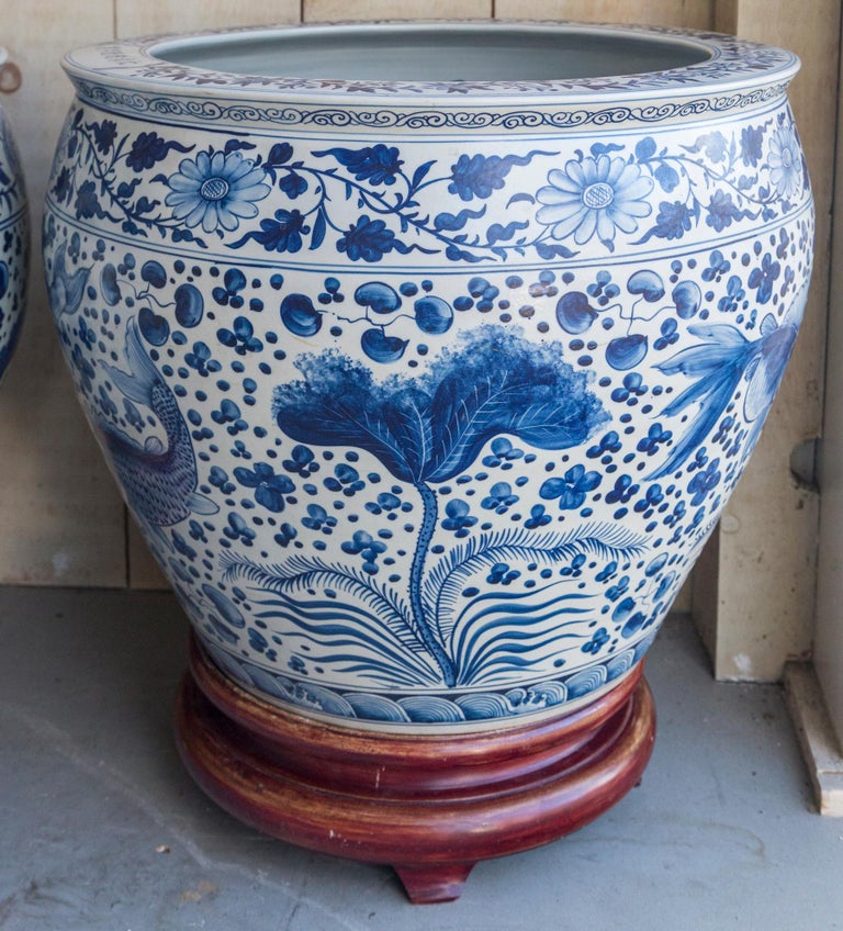 Two Blue and White Chinese Planters on Stands For Sale at 1stDibs