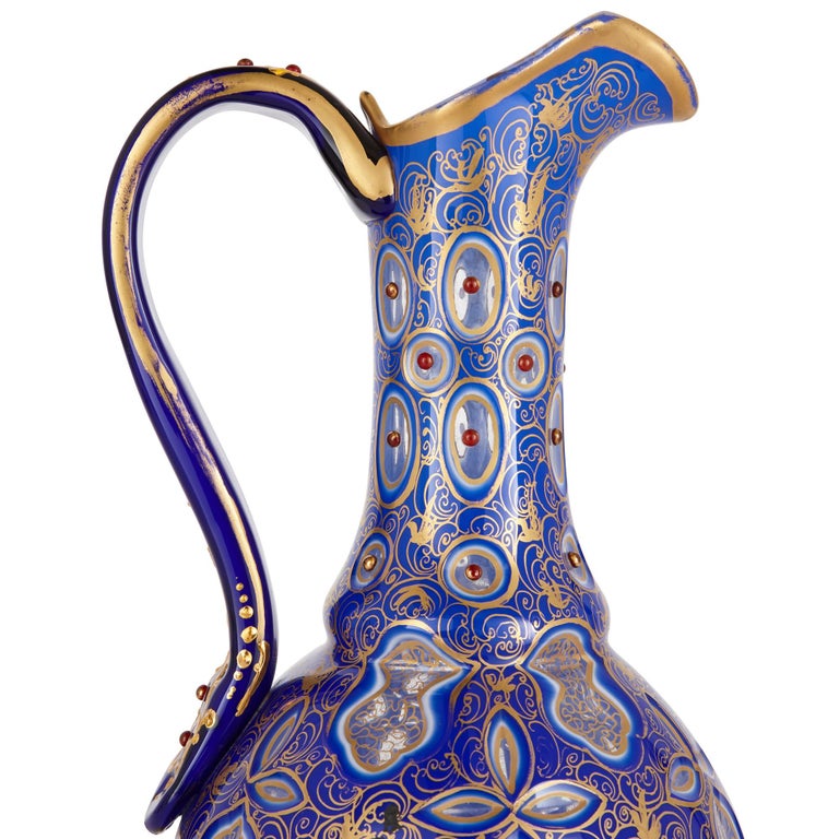 Two Bohemian Persian Style Jeweled and Gilt Blue Glass Jugs at 1stDibs