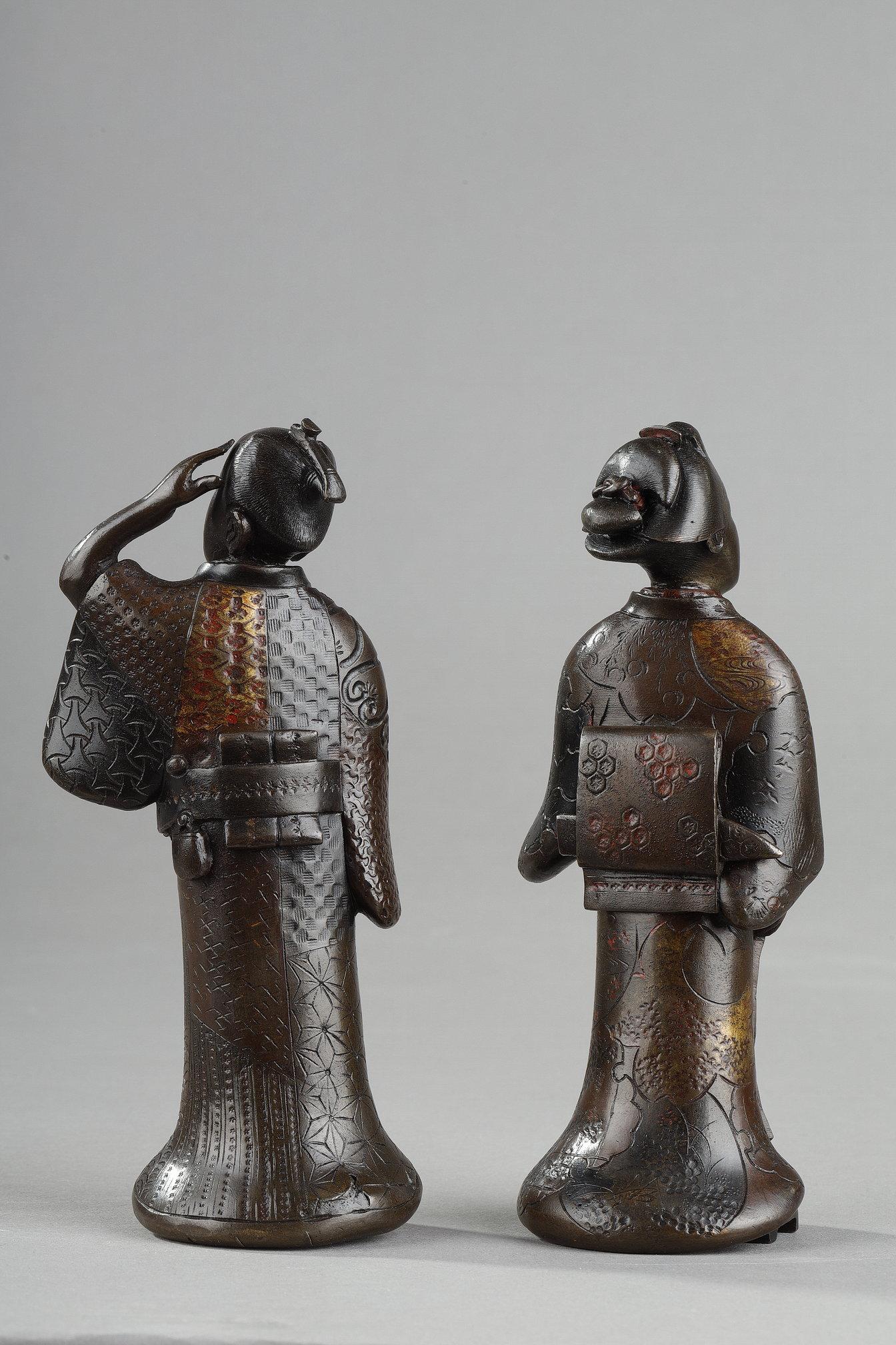 Two bronze figures of a Geisha and a Samurai For Sale at 1stDibs