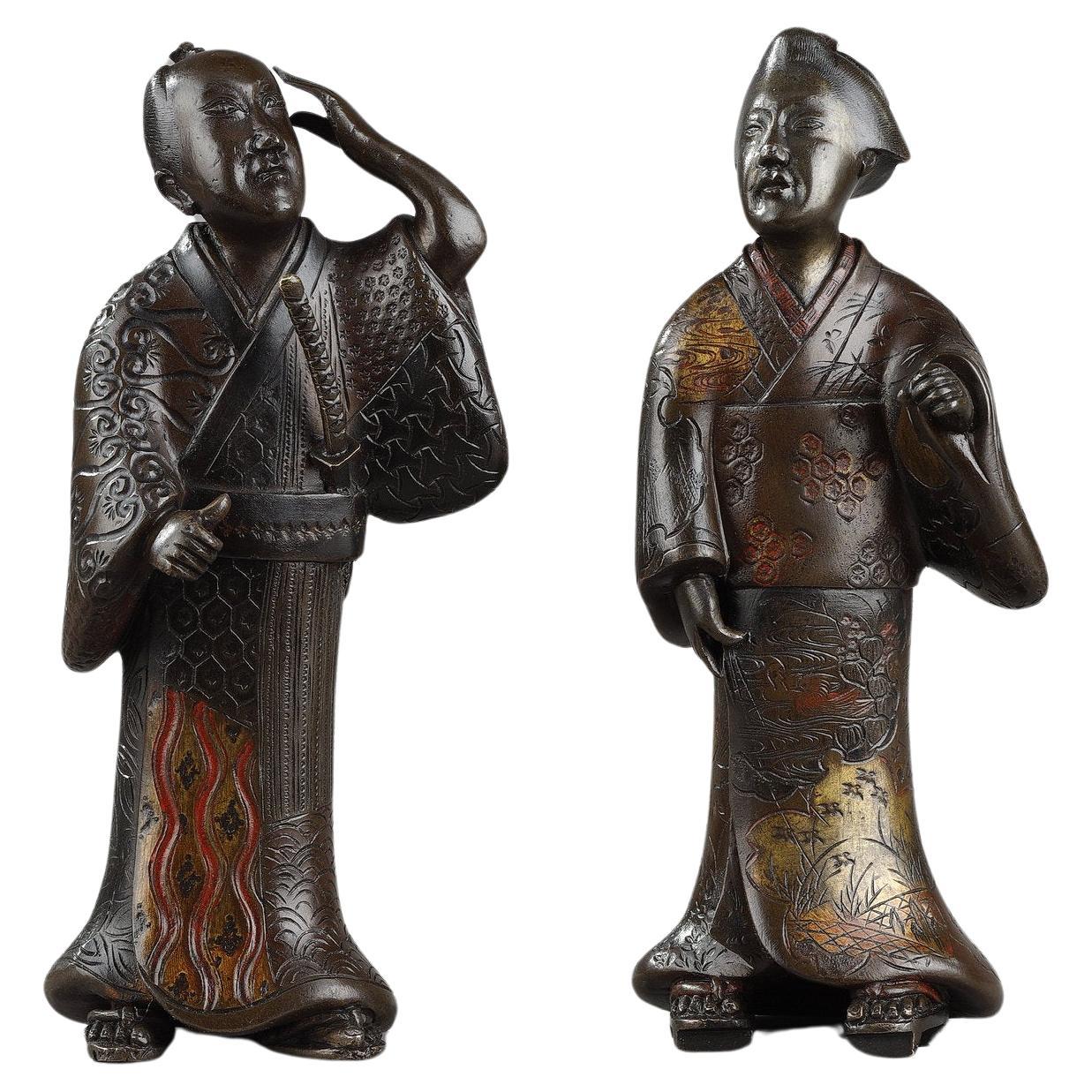 Two bronze figures of a Geisha and a Samurai For Sale at 1stDibs
