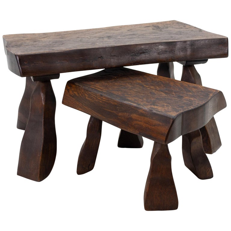 Two Brutalist Side Tables in Solid Oak, 1970s at 1stDibs