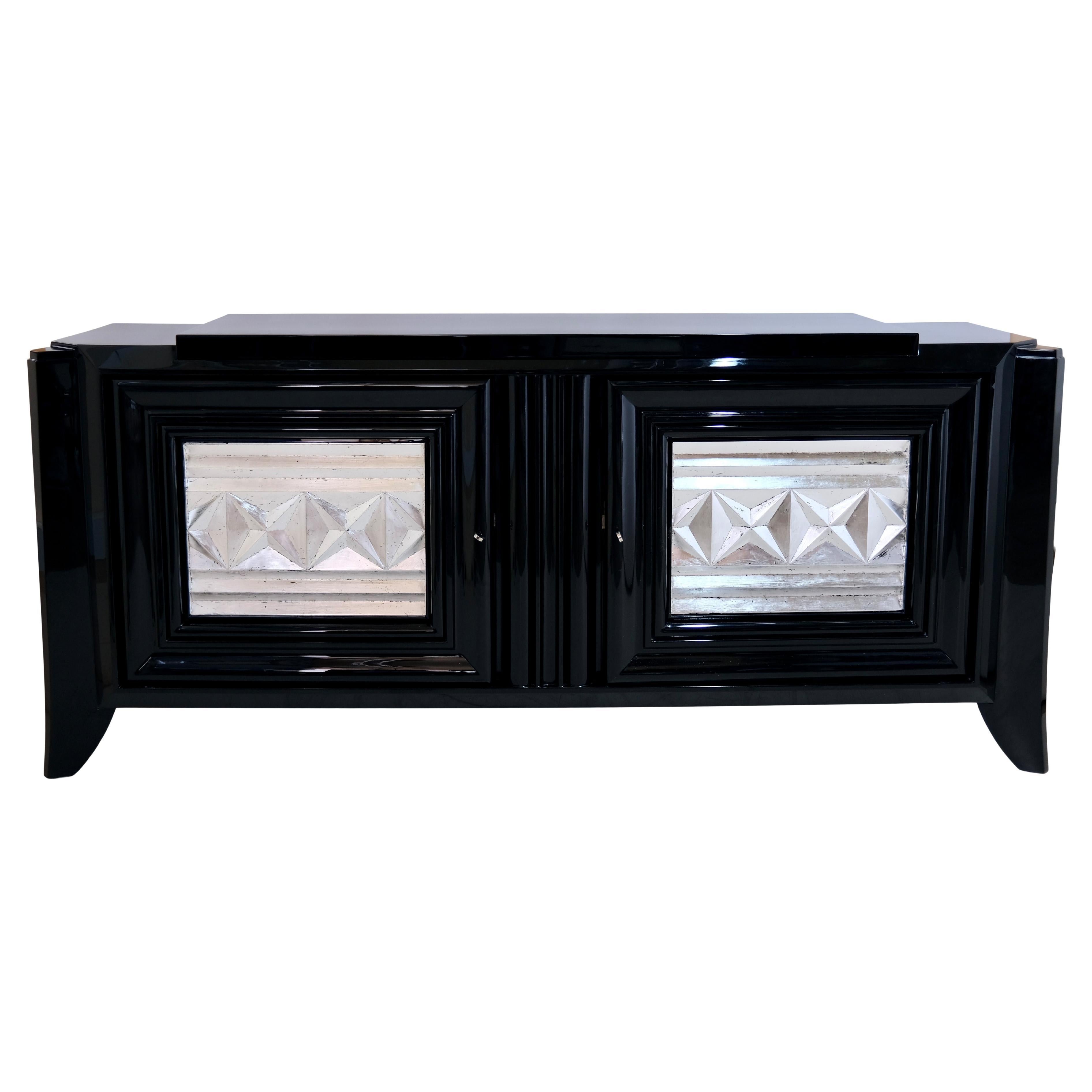 Two Door Art Deco Sideboard in Black Piano Lacquer with Silvered Front ...