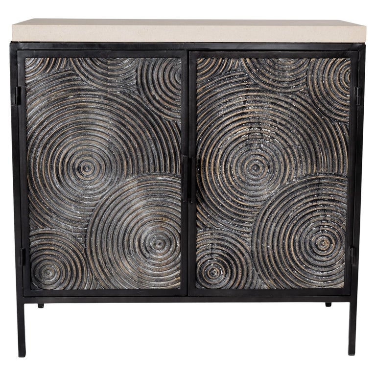Two Door Metal Side Cabinet with Swirl Teak Door Panels and Limestone ...