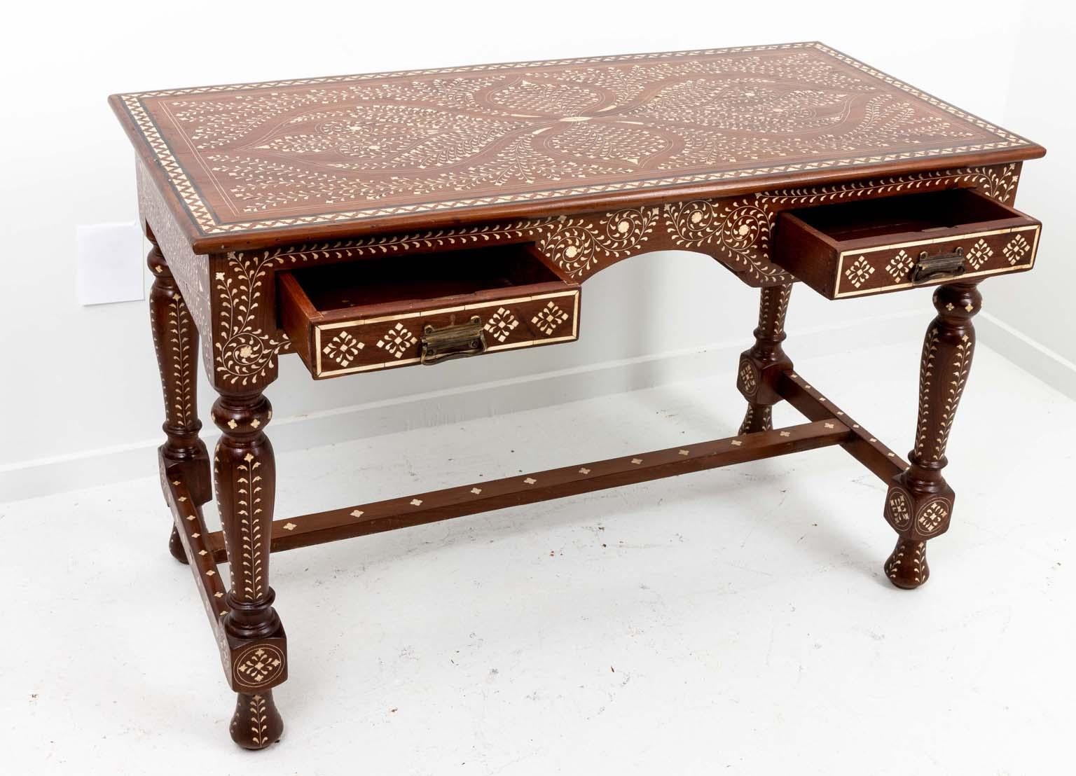 Two Drawer Wood and Bone Inlaid Desk For Sale at 1stDibs