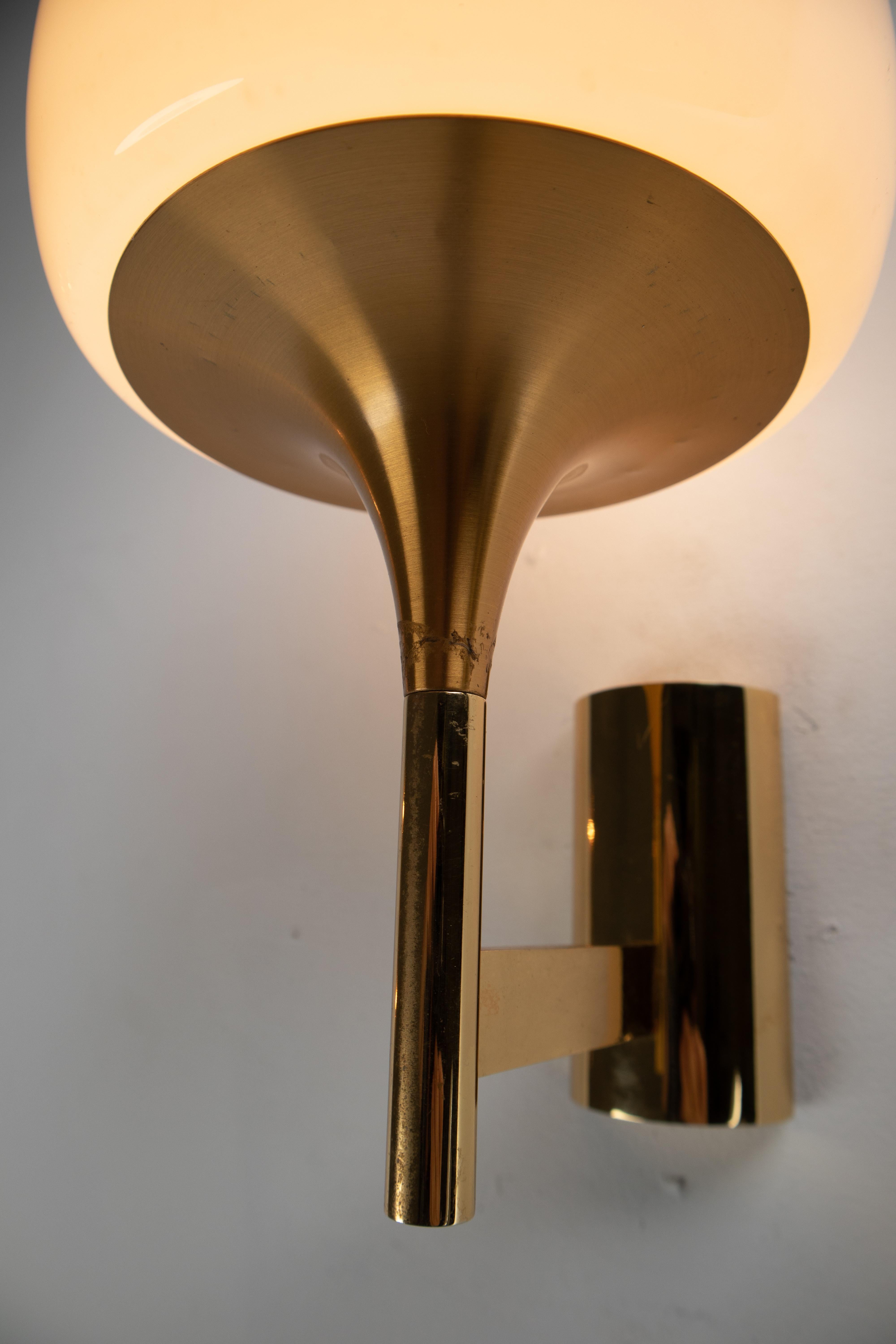Two Elegant Mid-Century Wall Lights Scones with Opaline Glass and Brass ...