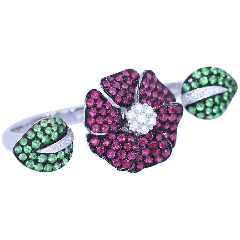 Two-Finger Ring Whimsical Diamonds Rubies Emerald Organic Floral White ...