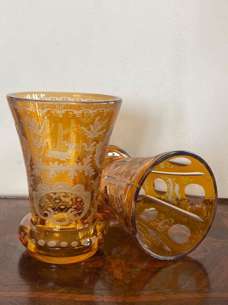 Two French Hand Blown and Hand Engraved Yellow Crystal Vases For Sale ...