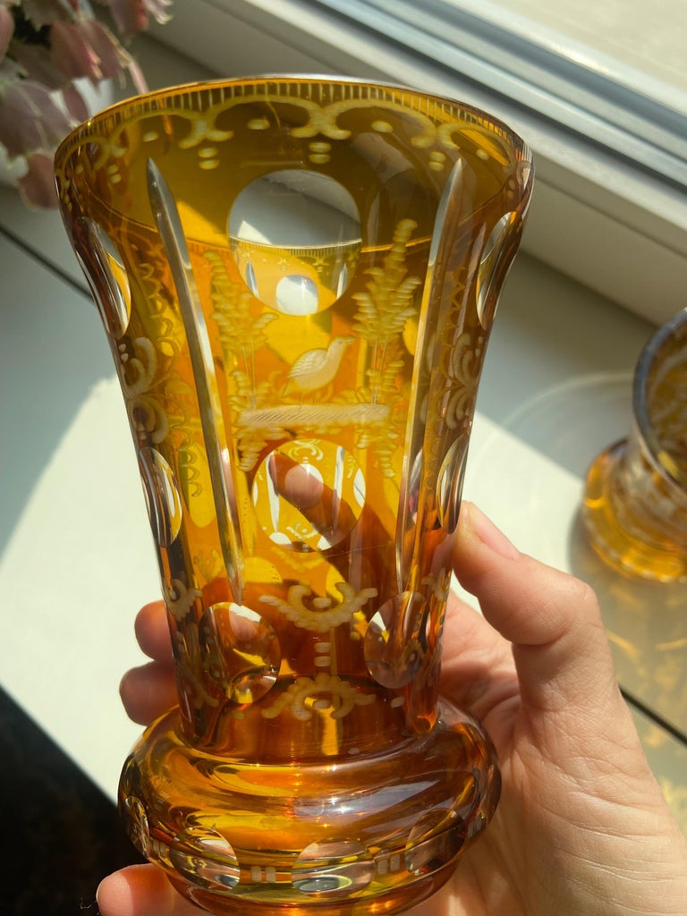 Two French Hand Blown and Hand Engraved Yellow Crystal Vases For Sale ...