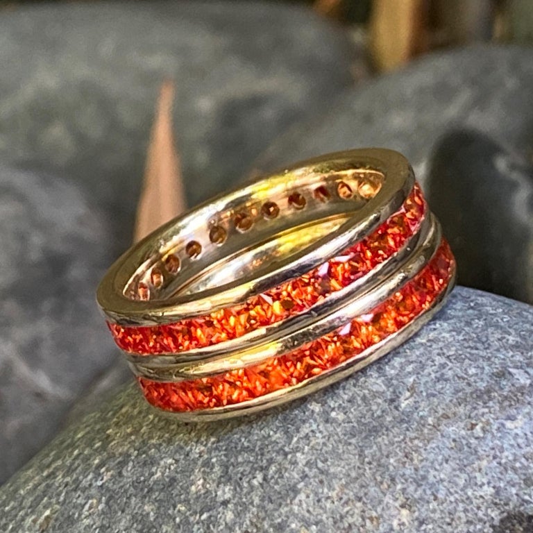 Two Gold Eternity Stacker Bands with Channel-Set Square Cut Orange ...