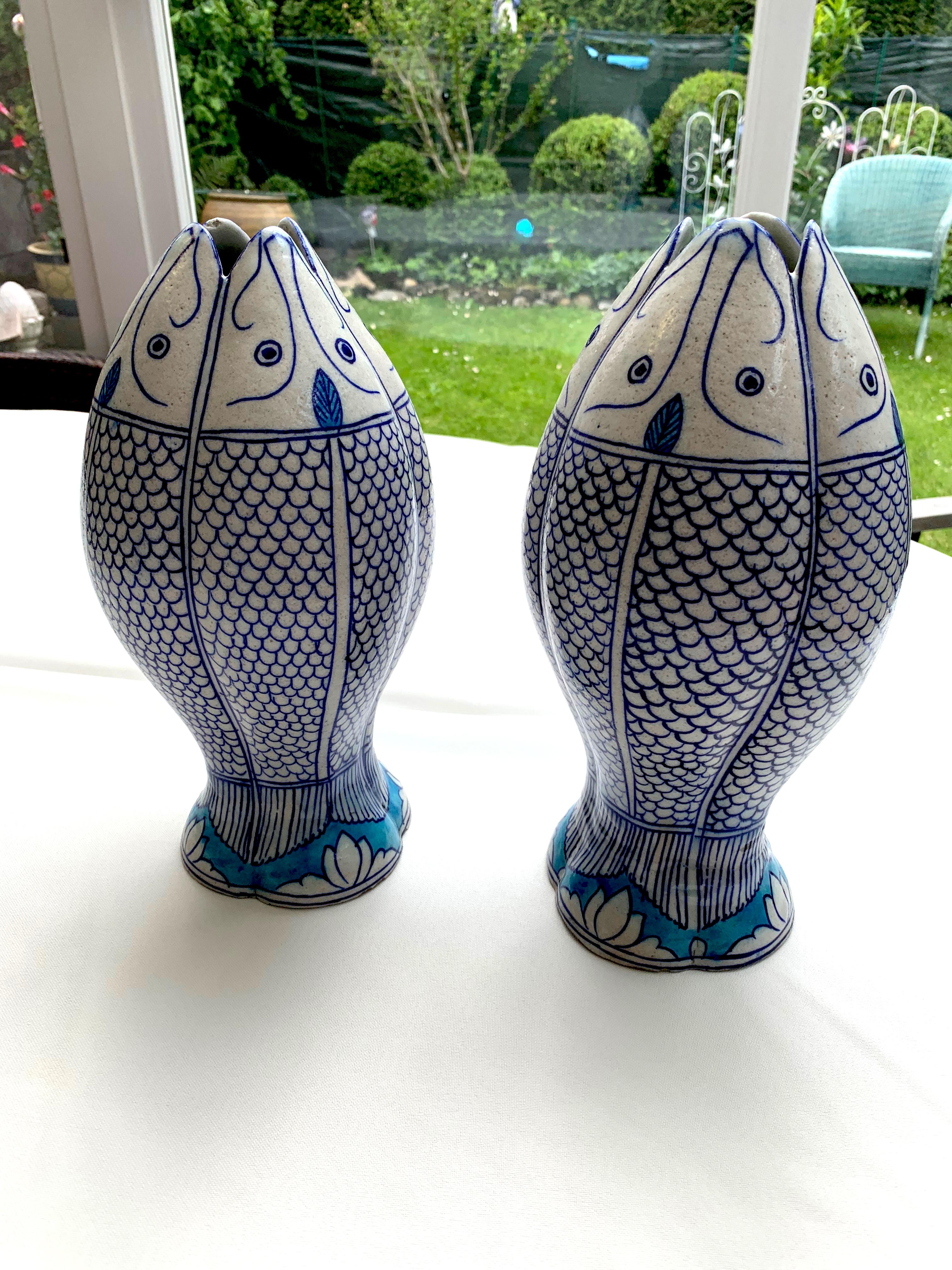 Two Handpainted Fish Vases, Blue and White Chinese, 19th Century ...