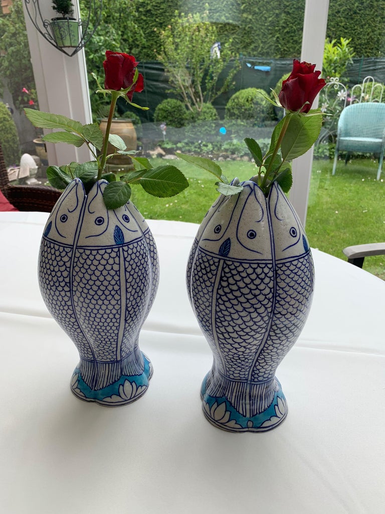 Two Handpainted Fish Vases, Blue and White Chinese, 19th Century ...
