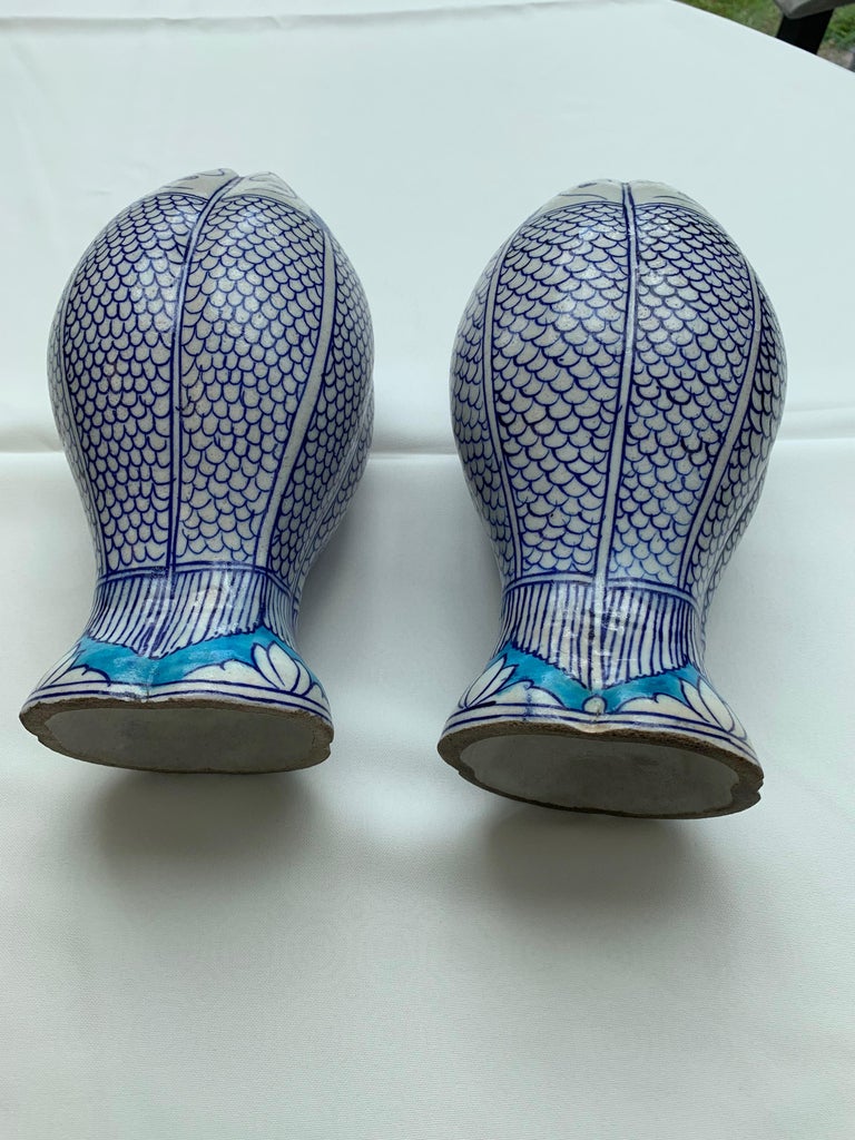 Two Handpainted Fish Vases, Blue and White Chinese, 19th Century ...