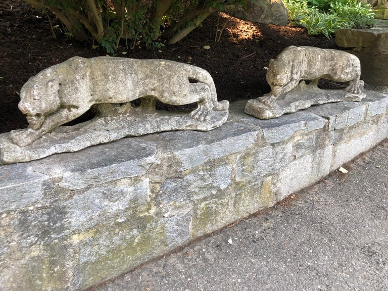 Two Identical English Cast Stone Crouched Panthers at 1stdibs