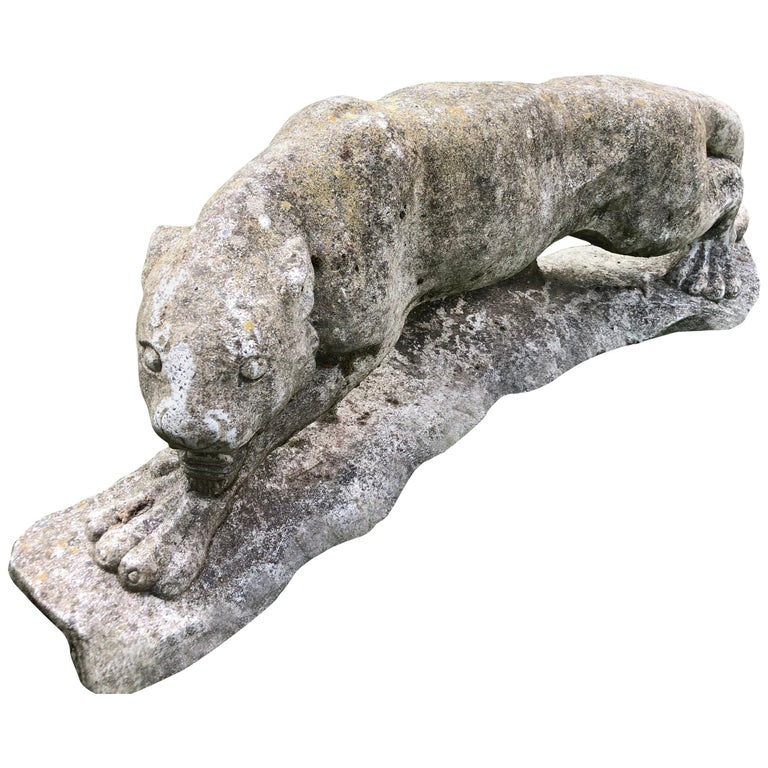Two Identical English Cast Stone Crouched Panthers at 1stdibs