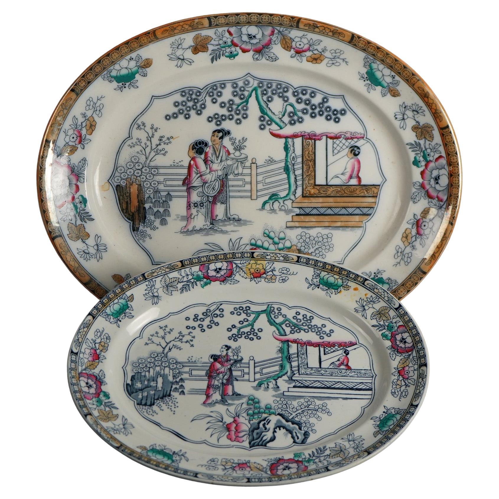 Two Large Antique Chinese Export Porcelain Platters with Village Scenes ...