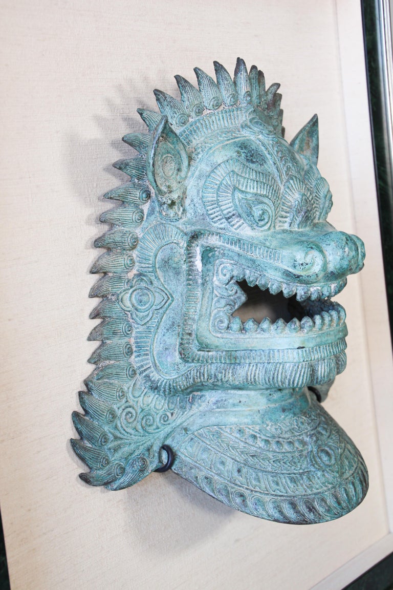 Two Large Khmer style Foo Dogs Bronze Cast Masks Mounted and Framed For ...
