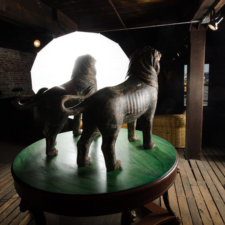 Two Large Life Sized Polychromed Lion Head Wooden Statues For Sale at ...