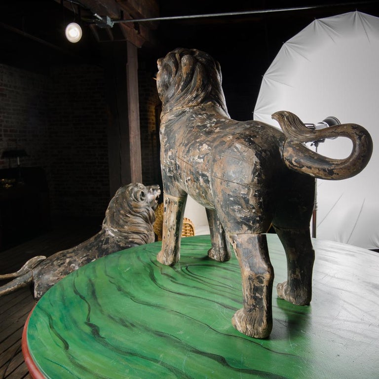 Two Large Life Sized Polychromed Lion Head Wooden Statues For Sale at ...