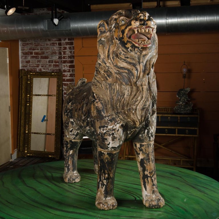 Two Large Life Sized Polychromed Lion Head Wooden Statues For Sale at ...
