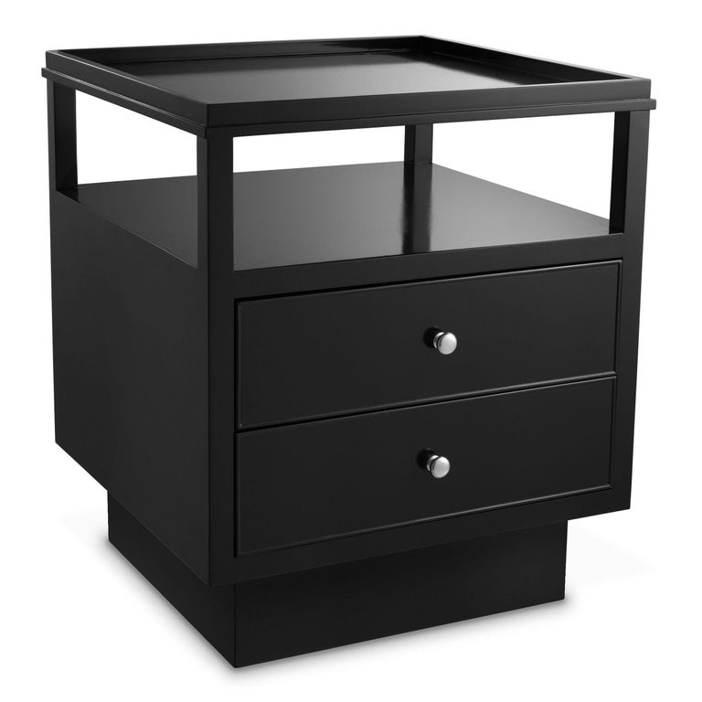 Two Level Black Lacquered Wooden Bedside Table For Sale at 1stDibs