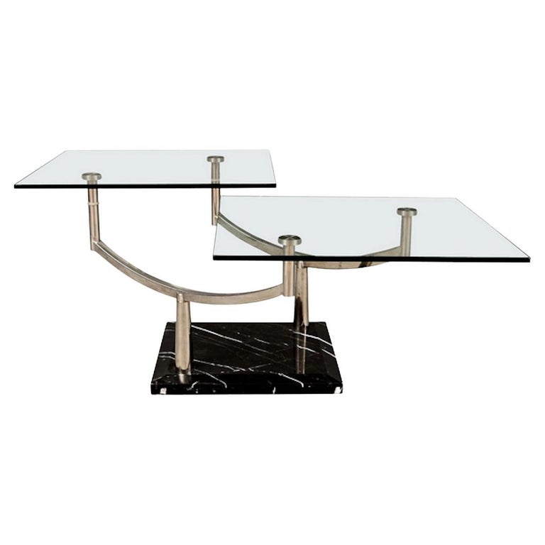 Two-Level Glass Coffee Table with Steel Frame and Marble Base For Sale ...