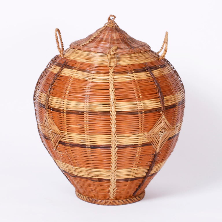 Two Lidded Woven Reed Baskets at 1stDibs