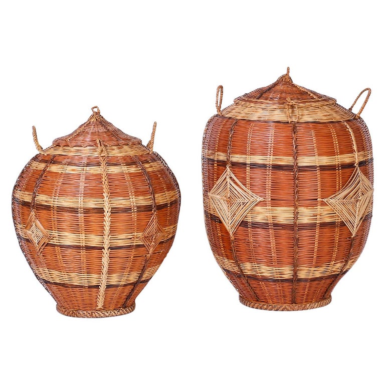 Two Lidded Woven Reed Baskets at 1stDibs