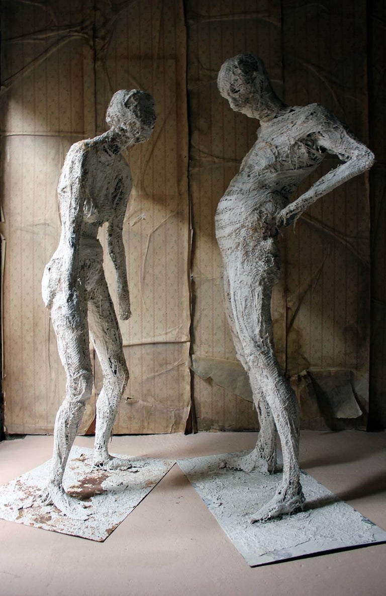 Two Life-Sized White Painted Plaster and Wirework Sculpted Figures at ...