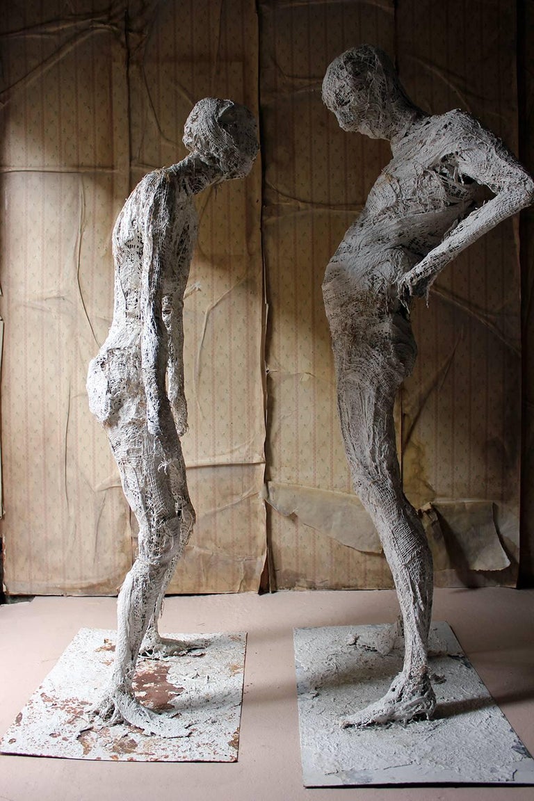 Two Life-Sized White Painted Plaster and Wirework Sculpted Figures at ...