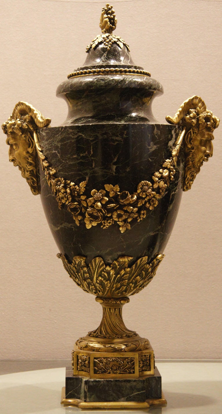 Two Louis XVI Style Green Marble and Gilt Bronze Vases For Sale at 1stDibs