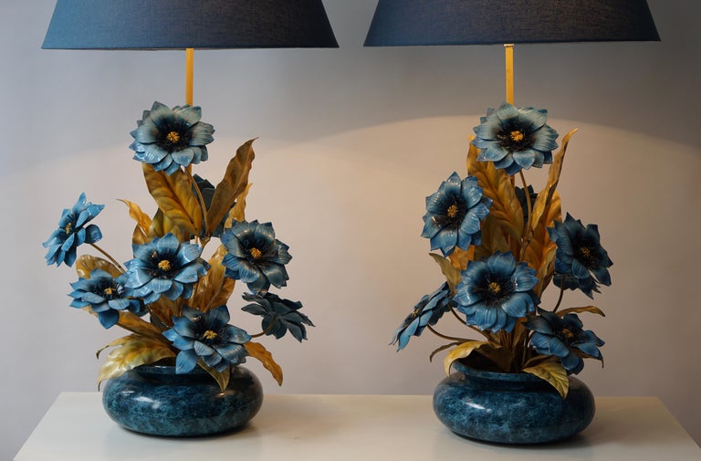Two Metal Painted Flower Table Lamps at 1stDibs | metal flower lamp ...