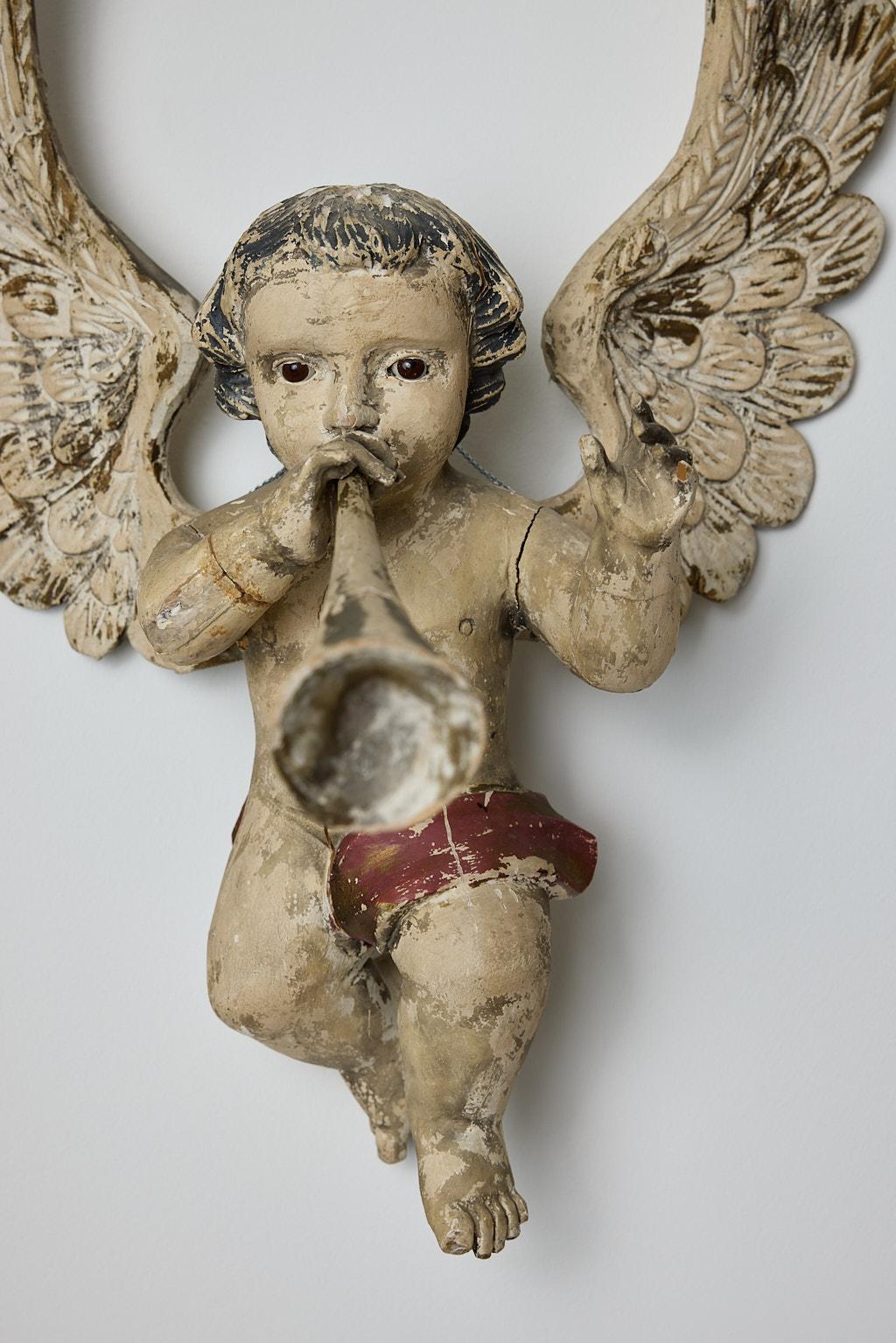 Two 19th Century Carved Wood Angels Cherubim Holding Musical ...