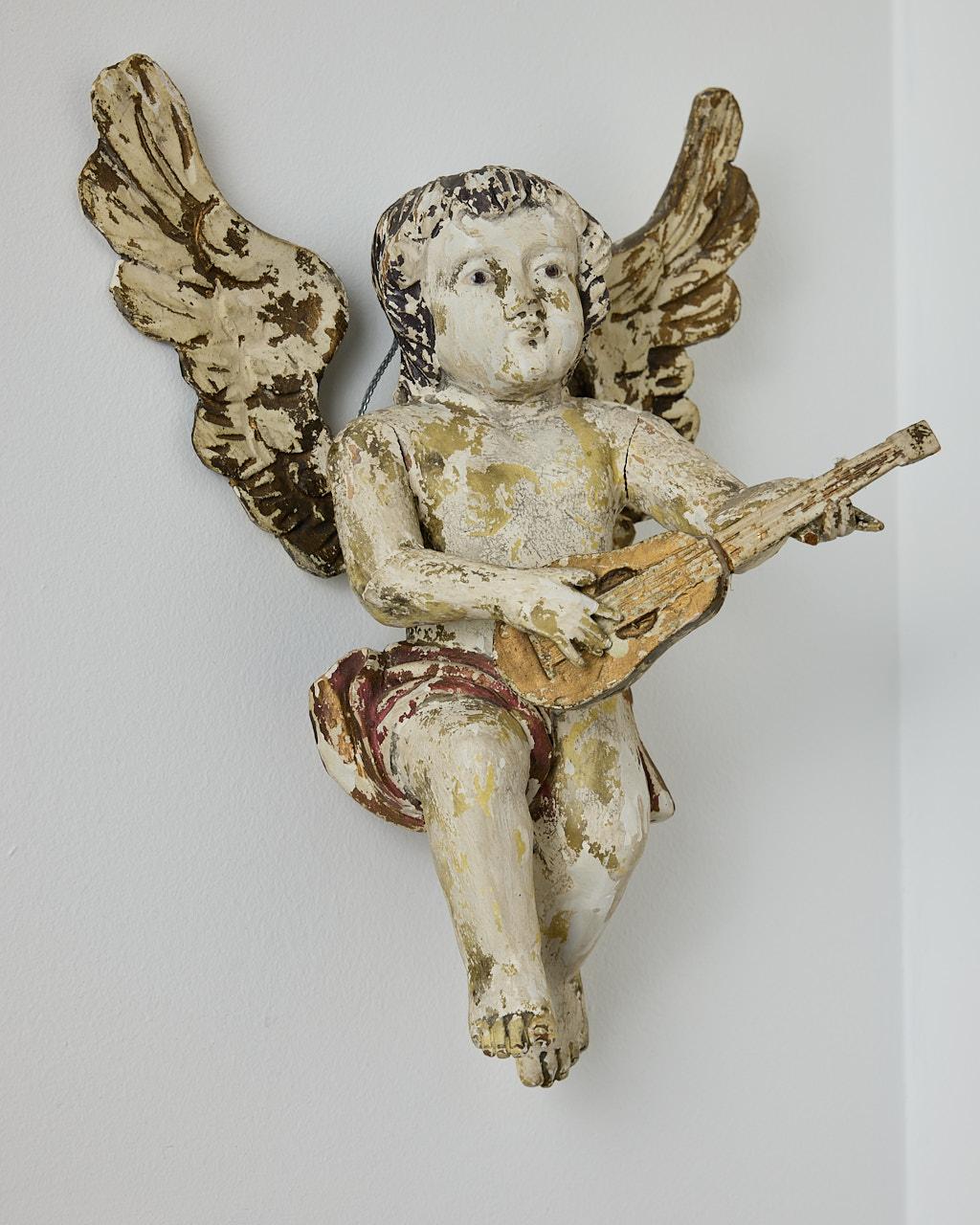 Two 19th Century Carved Wood Angels Cherubim Holding Musical ...