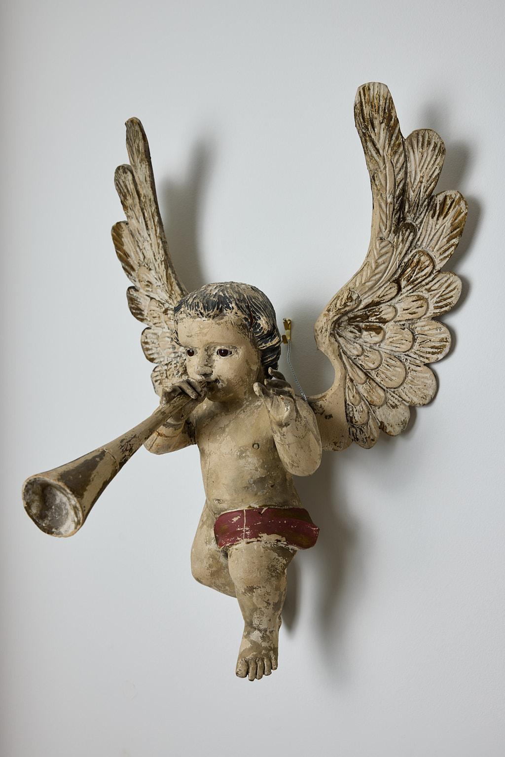 Two 19th Century Carved Wood Angels Cherubim Holding Musical ...