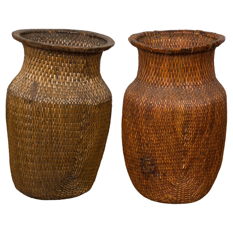 Two Oversized Chinese Rattan Grain Baskets with Flaring Necks, Sold ...