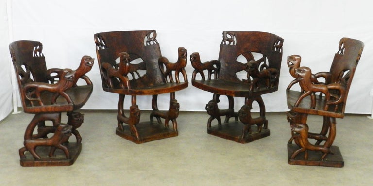 Two Pairs of African Chairs Carved Animals Wood Armchairs Early 20th ...