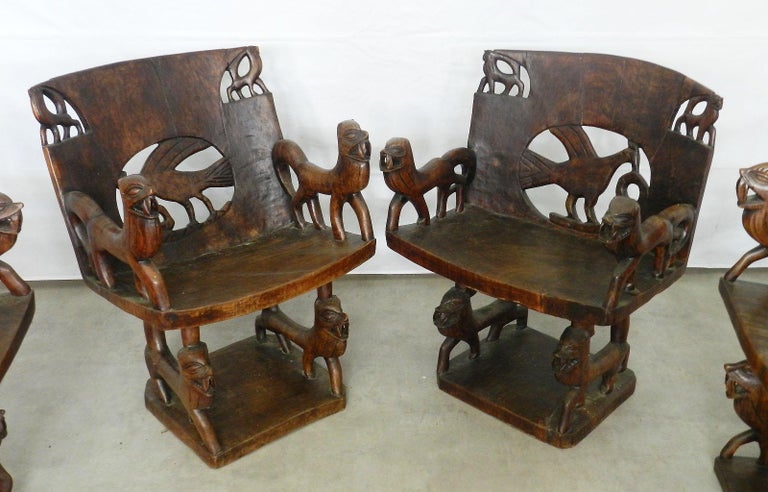 Two Pairs of African Chairs Carved Animals Wood Armchairs Early 20th ...