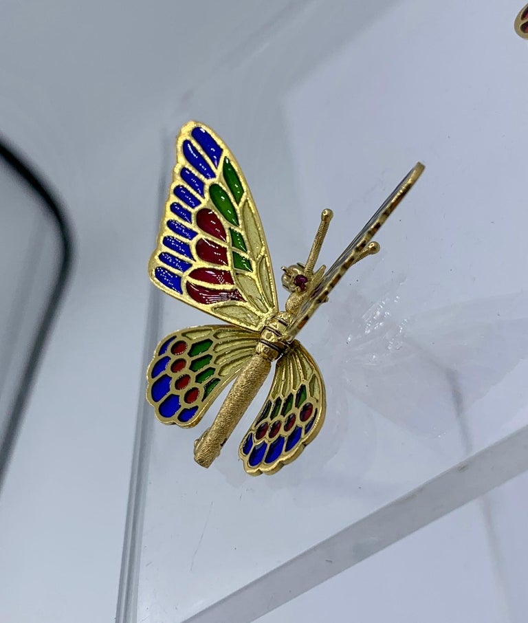 Two Plique-a-Jour Enamel Ruby Butterfly Brooches 18 Karat Gold Moveable ...