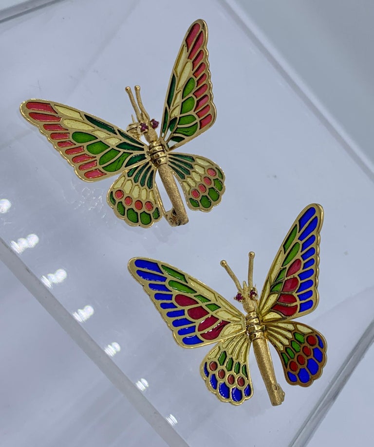 Two Plique-a-Jour Enamel Ruby Butterfly Brooches 18 Karat Gold Moveable ...