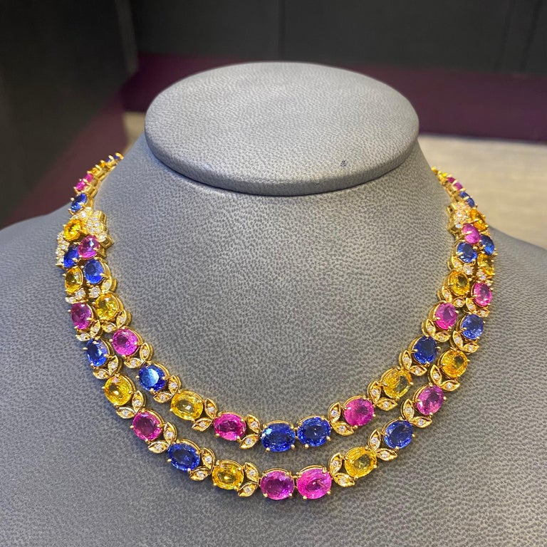 Two Row Multicolor Sapphire Necklace For Sale at 1stDibs