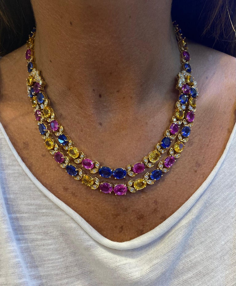 Two Row Multicolor Sapphire Necklace For Sale at 1stDibs